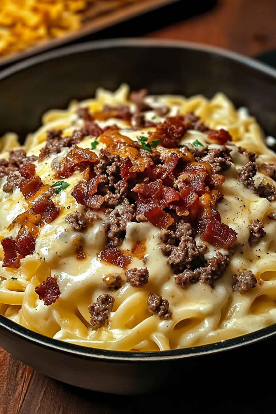 Loaded Bacon Cheeseburger Alfredo Pasta - My Recipe World