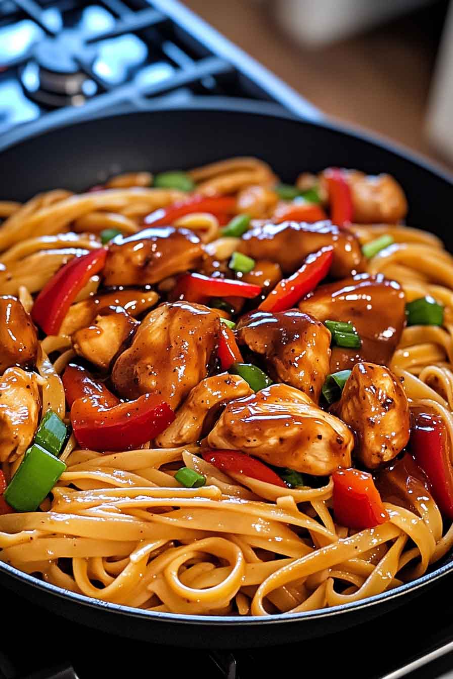 One Skillet Sweet Spicy Sticky Chicken Pasta - My Recipe World