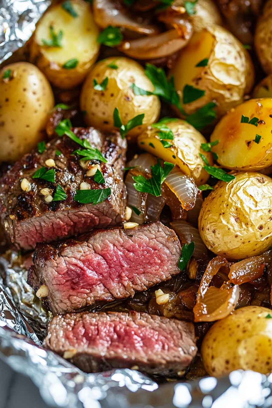 Garlic Steak Potato Foil Packets - My Recipe World